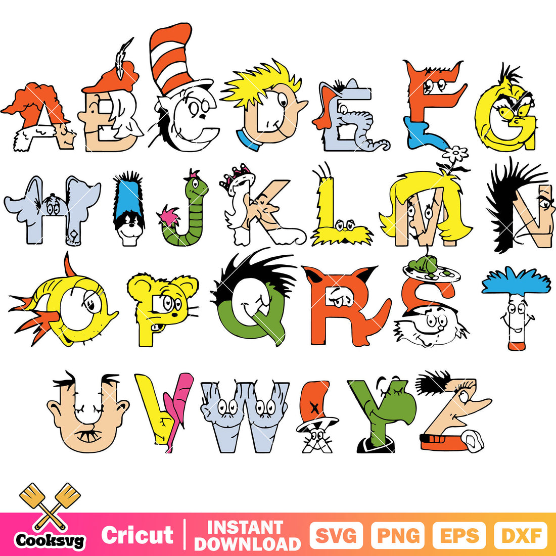 Dr seuss characters alphabet svg bundle, dr seuss font svg, dr seuss s ...