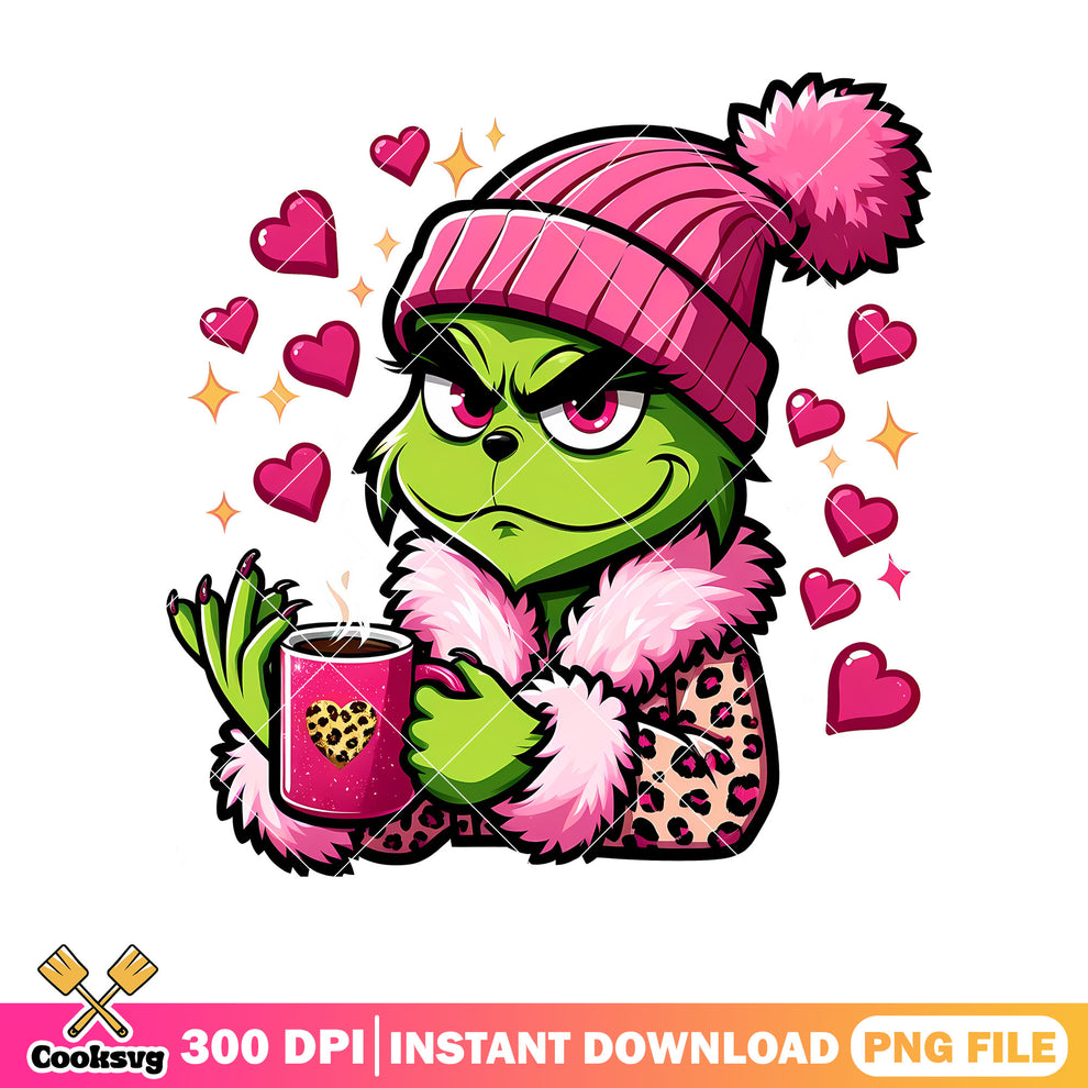 Grinch love drink png design, pink christmas png, pink grinch shirt pn ...