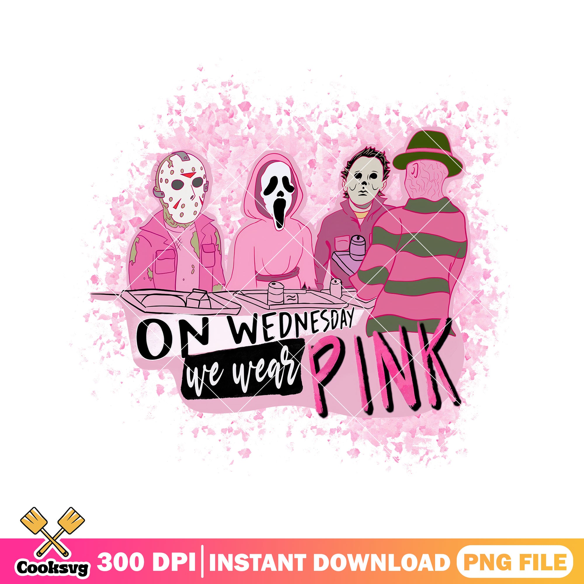 Horror characters on wednesday we wear pink png, happy valentine day p ...