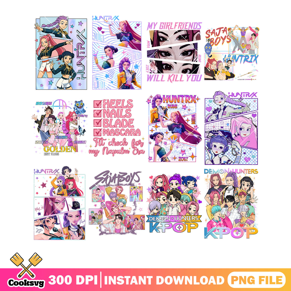 Huntrix song poster png bundle, huntrix members png, kpop hunters png ...