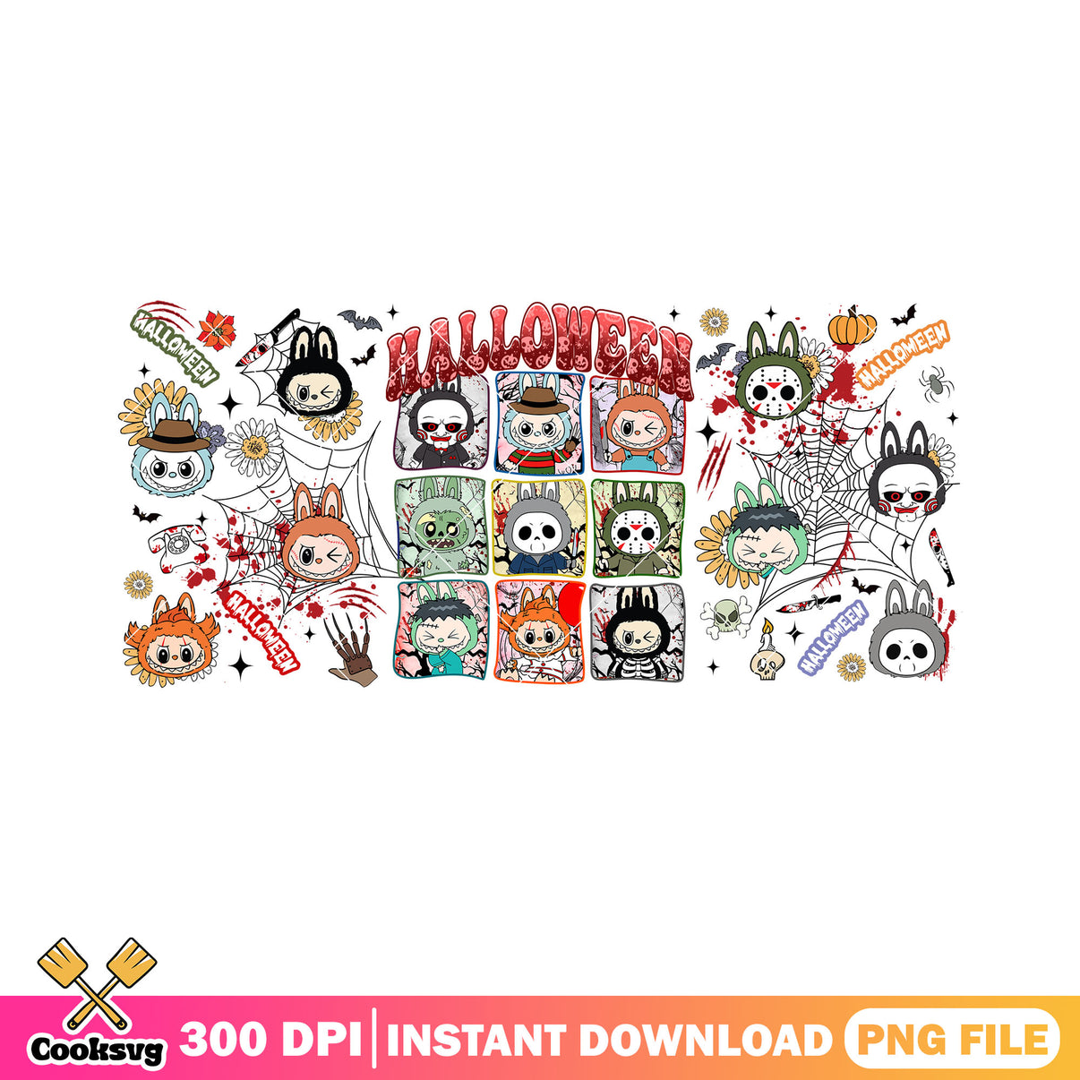 Labubu creepy halloween masks png, horror dolls png, labubu costumes p ...