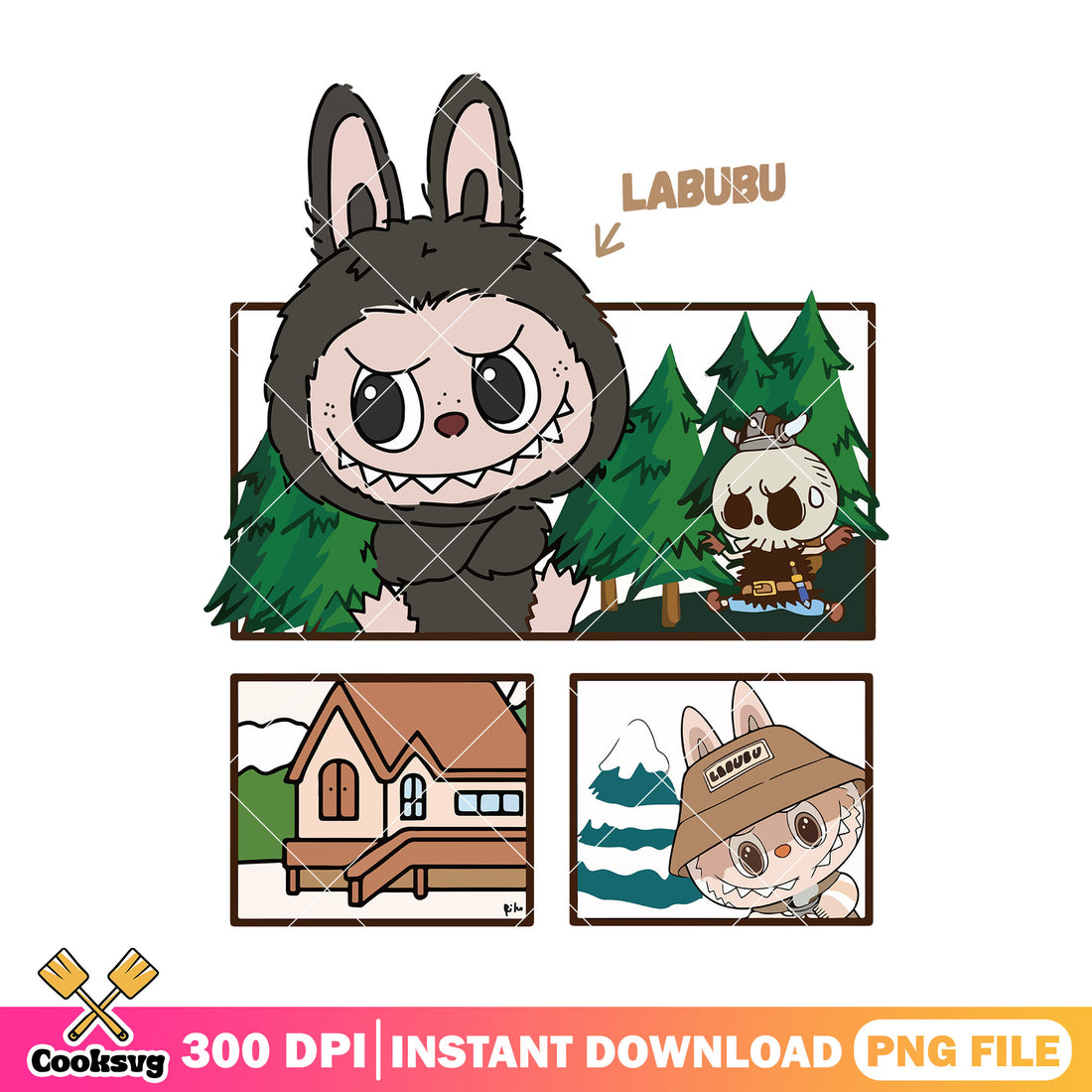 Labubu with nummskull comic png, brown labubu png, labubu happy png ...