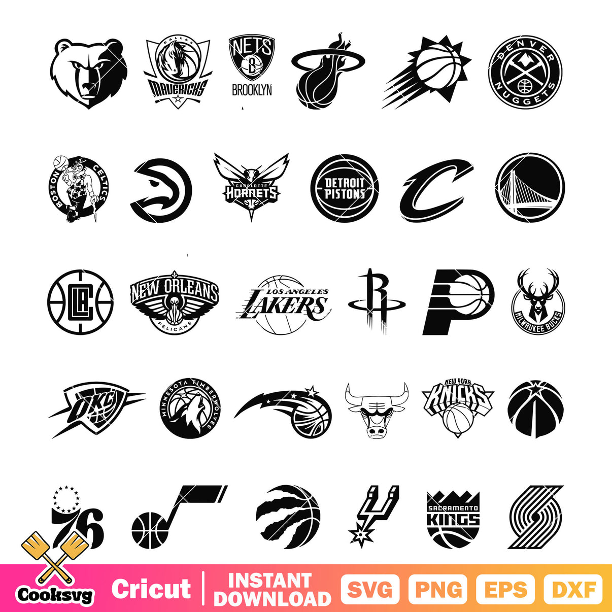 Logo nba black white design bundle svg, nba basketball teams svg – Cooksvg