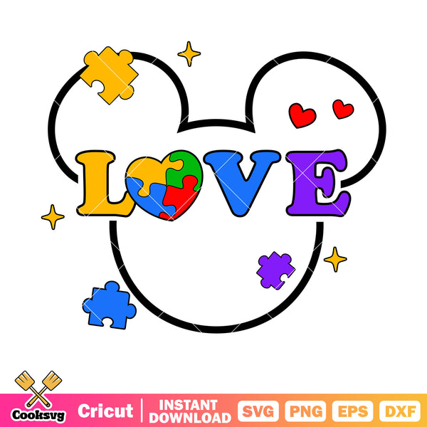 Mickey mouse head love autism awareness svg, mickey mouse autism svg ...