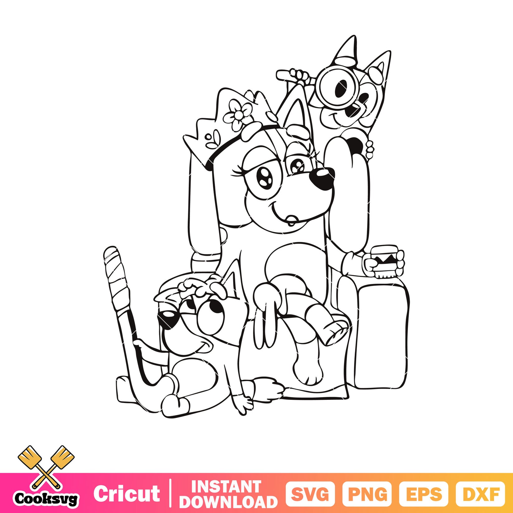 The queen mumlife and bluey bingo svg, cartoon bluey svg, bluey outlin ...